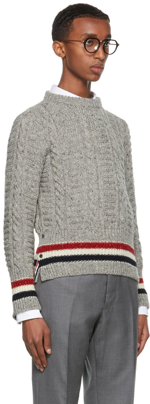Thom Browne Grey Donegal Filey Cable RWB Stripe Sweater