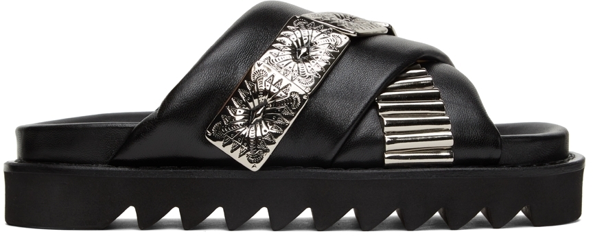 Toga Pulla Black Leather Double Strap Slides Toga Pulla