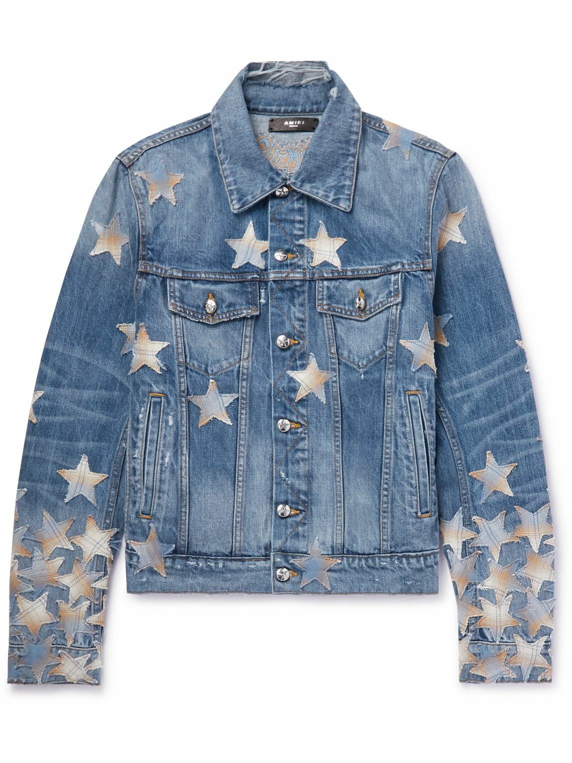 AMIRI - Chemist Slim-Fit Appliquéd Distressed Denim Trucker Jacket ...