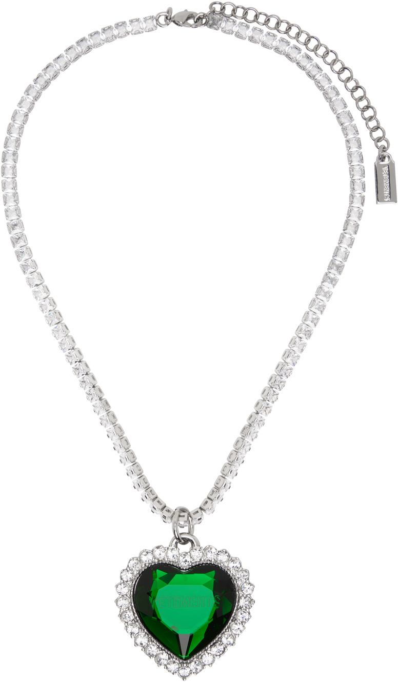 VETEMENTS Silver & Green Crystal Heart Necklace Vetements