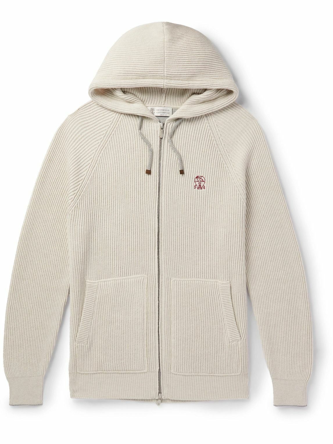 Brunello Cucinelli - Logo-Embroidered Ribbed Cotton Zip-Up Hoodie ...