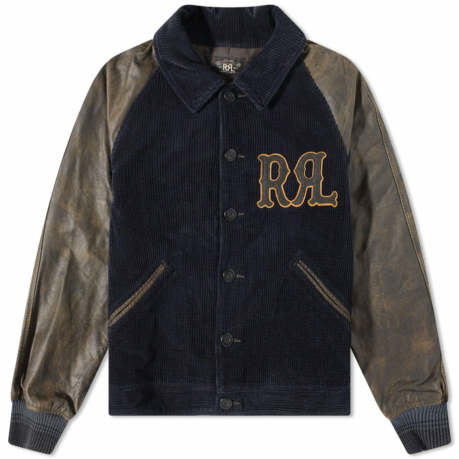 RRL Men's Farewell Varsity Lined Bomber Jacket in Black/Deep Navy RRL