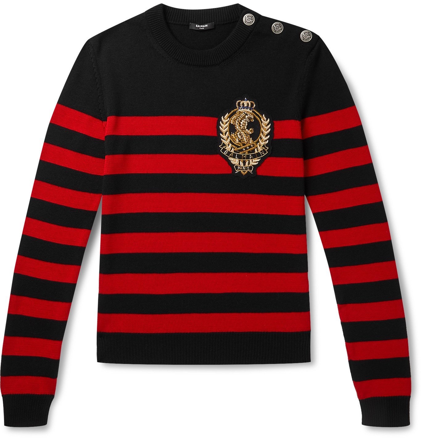 Balmain - Logo-Appliquéd Button-Embellished Striped Wool and Cotton ...