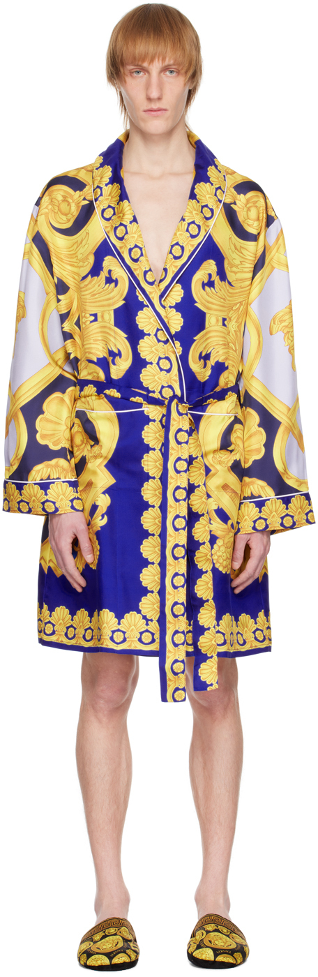 Versace Underwear Blue & Gold Barocco Robe Versace Underwear
