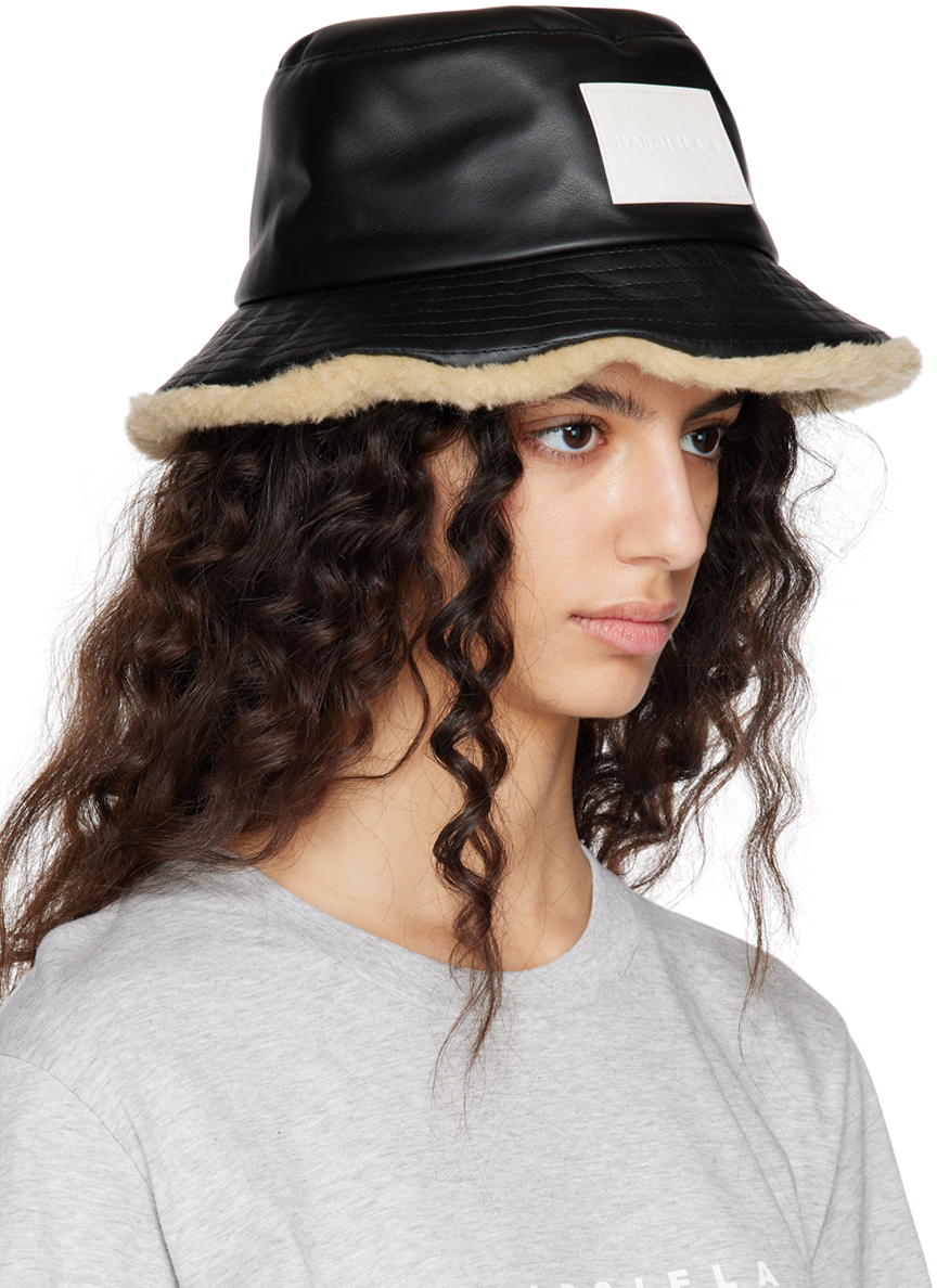 MM6 Maison Margiela Black Patch Faux-Leather Bucket Hat MM6 Maison Margiela