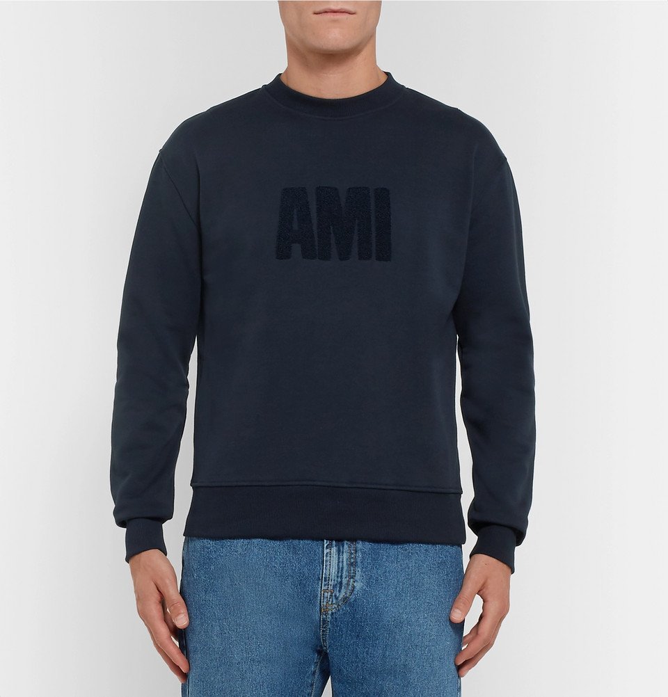 AMI - Logo-Flocked Fleece-Back Cotton-Jersey Sweatshirt - Men - Navy AMI