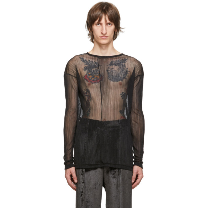 Sulvam Black Sheer Garment-Pleated T-Shirt Sulvam