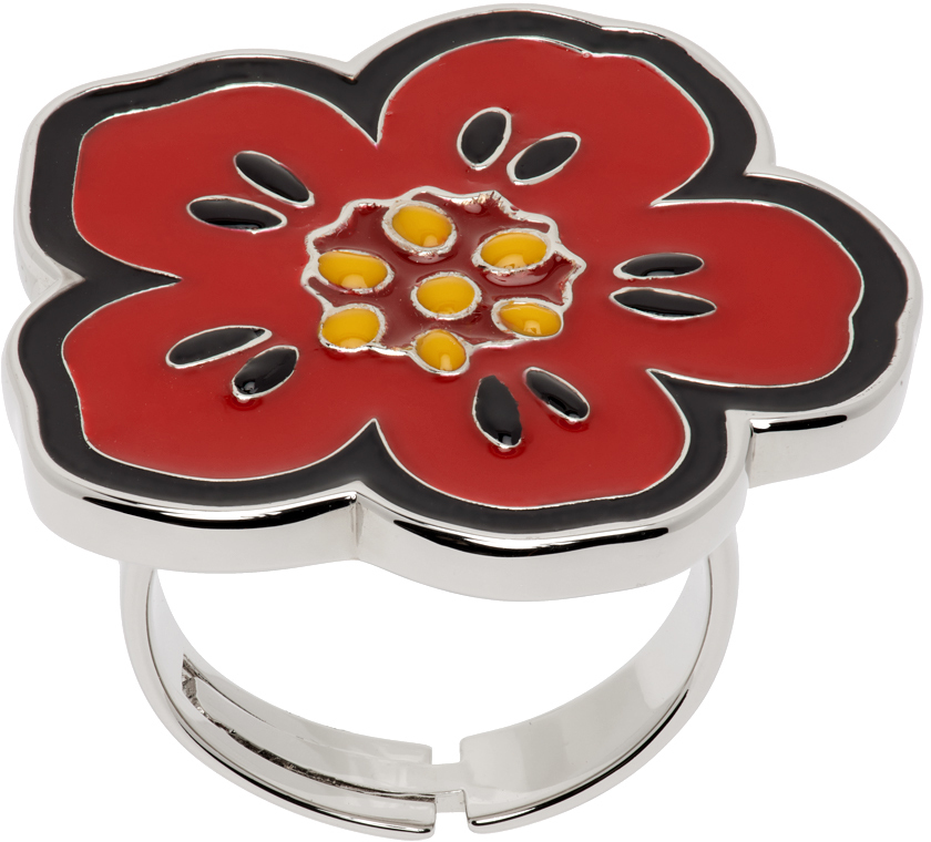 Kenzo Silver & Red Boke Flower Ring Kenzo