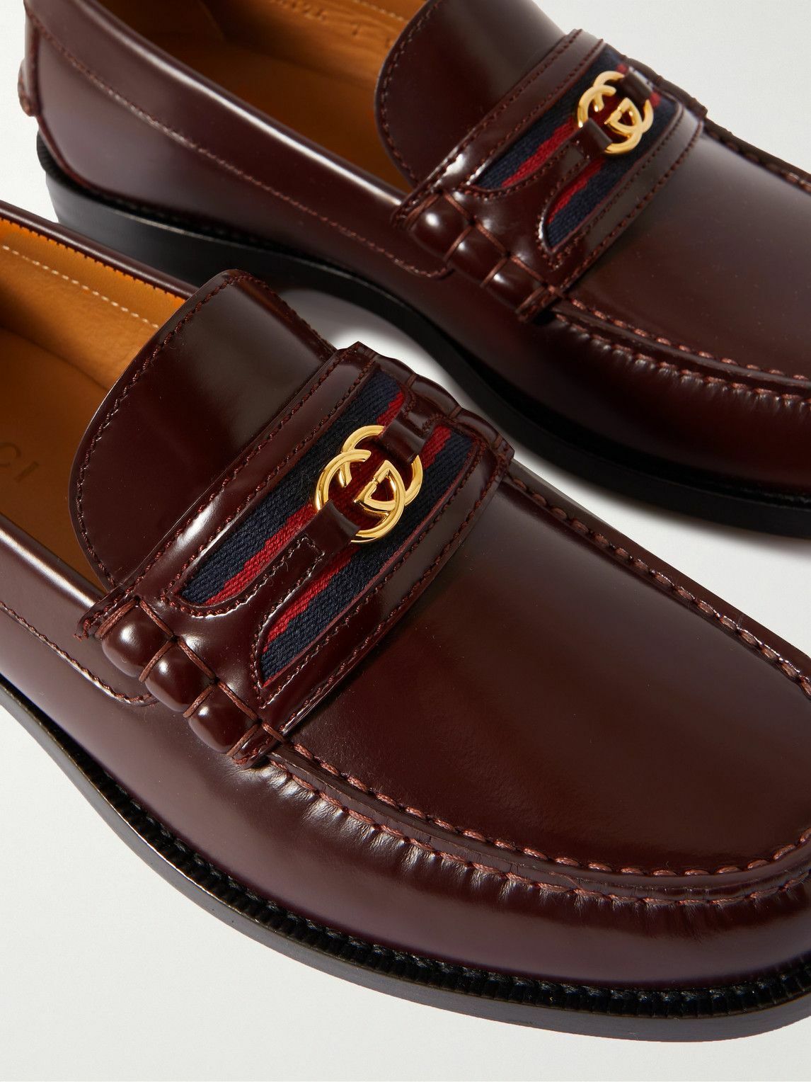 GUCCI - Kaveh Webbing-Trimmed Leather Loafers - Red Gucci