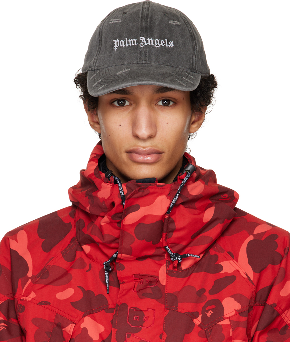 Palm Angels Gray Ripped Logo Cap Palm Angels