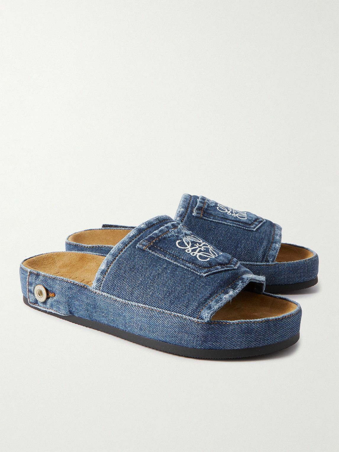 Loewe - Logo-Embroidered Distressed Denim Slides - Blue Loewe