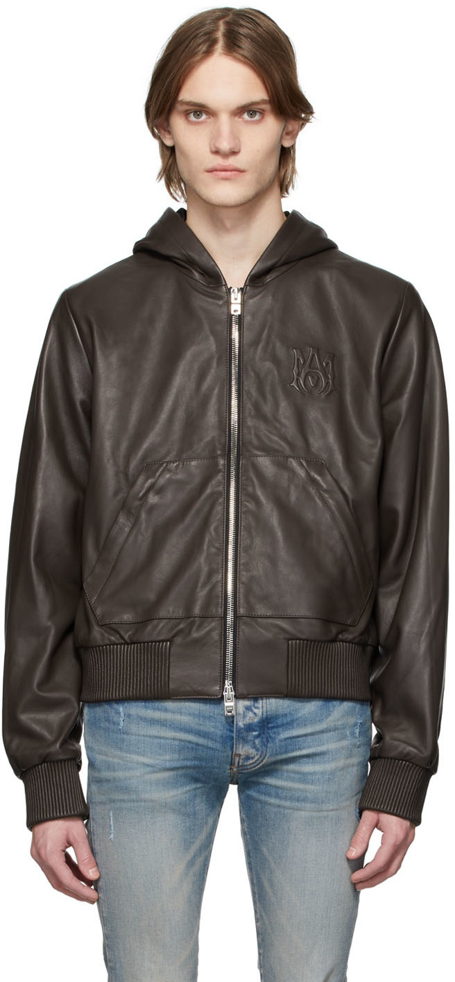 AMIRI Brown Leather Logo Hooded Jacket Amiri