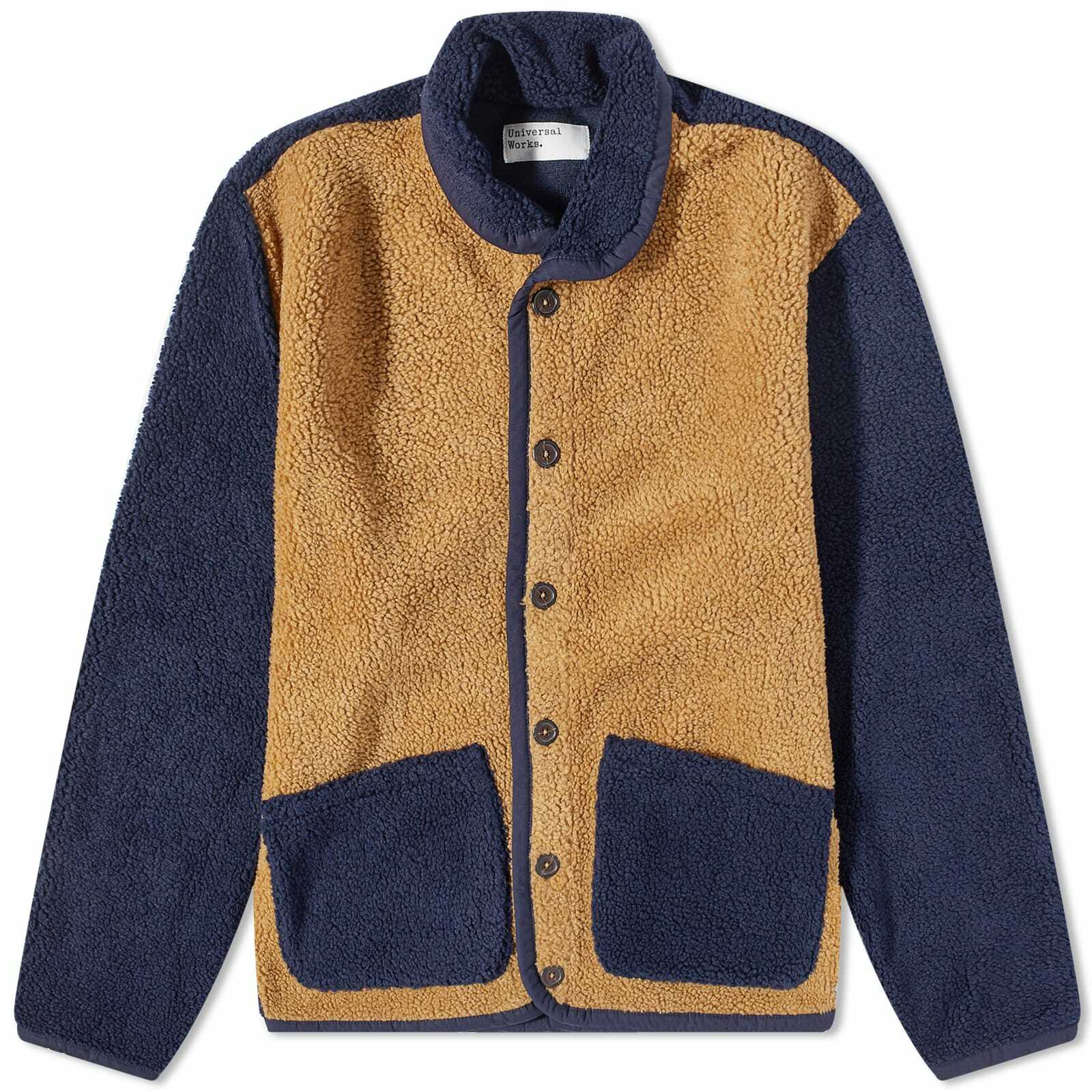 Universal Works Men's Lancaster Mountain Fleece Jacket in Navy/Sand ...