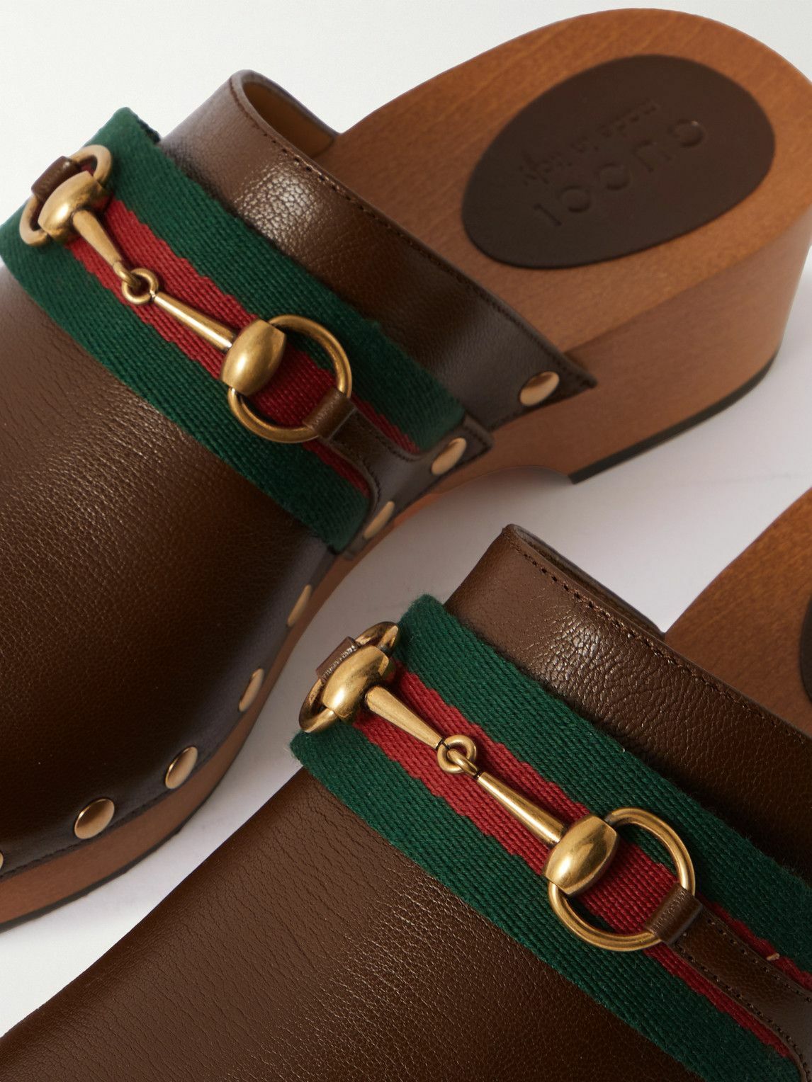 GUCCI - Horsebit Webbing-Trimmed Leather Clogs - Brown Gucci