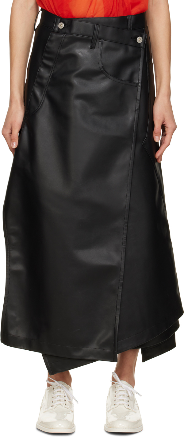 Junya Watanabe Black Asymmetric Faux-Leather Maxi Skirt Junya Watanabe
