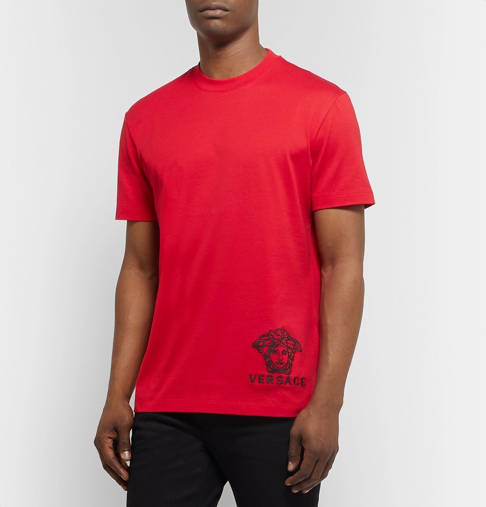 Versace - Logo-Embroidered Cotton-Jersey T-Shirt - Red Versace