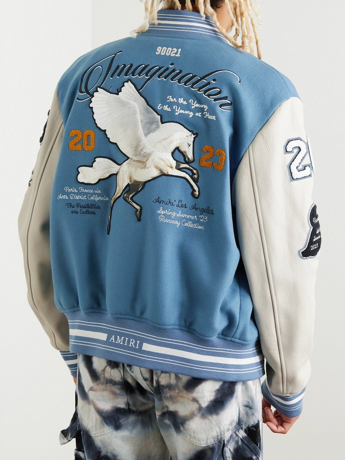 AMIRI - Appliquéd Embroidered Wool-Blend and Leather Varsity Jacket ...