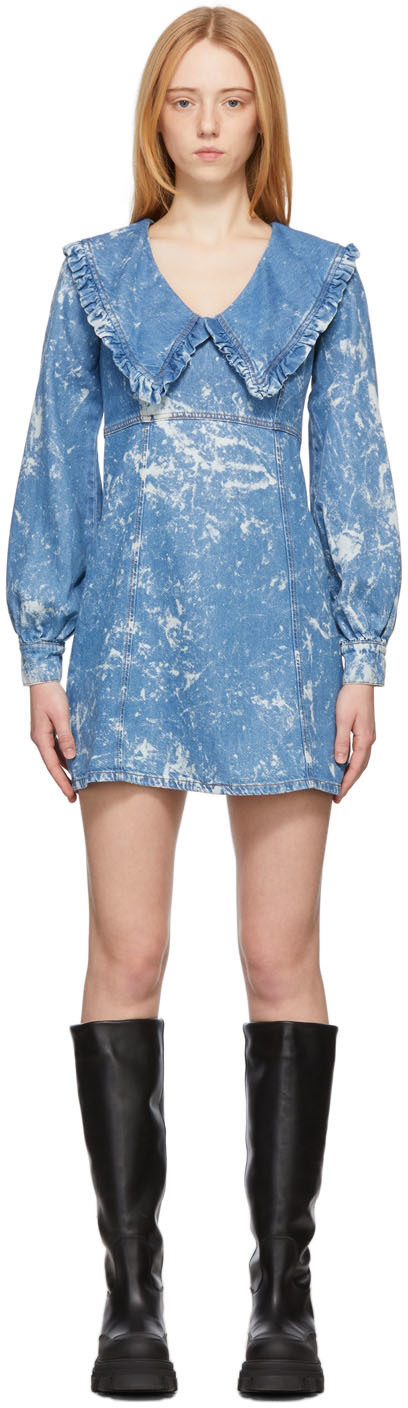 GANNI Blue & White Denim Bleach Ruffle Mini Dress GANNI