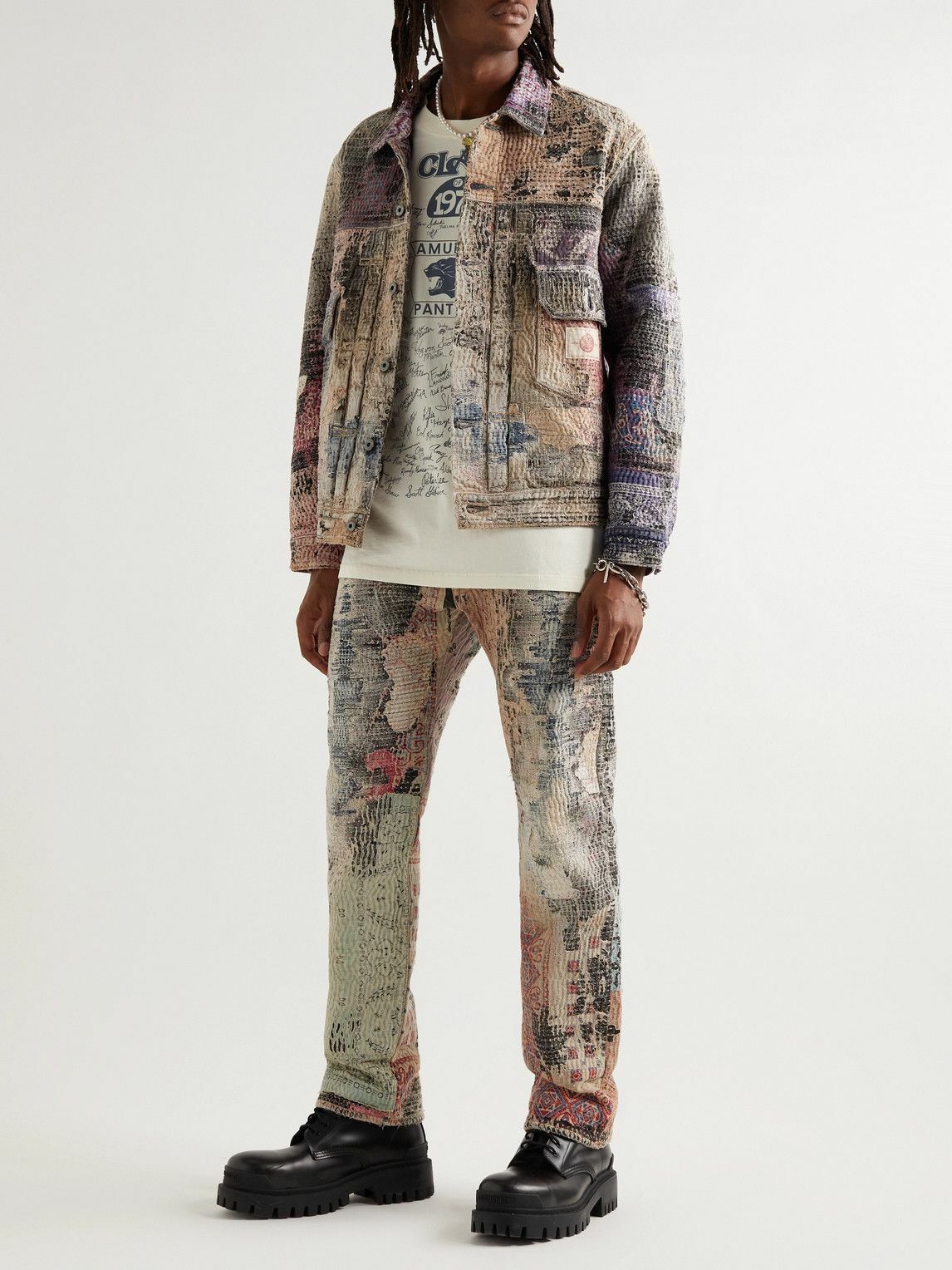 PROLETA-RE-ART - Uroboros Distressed Embroidered Bandana-Print Denim ...