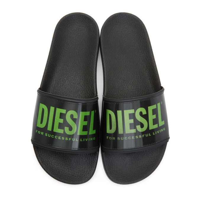 Diesel Black and Green Sa-Valla Slides Diesel