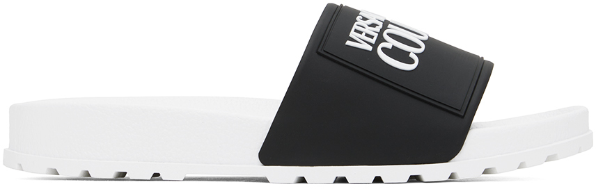 Versace Jeans Couture White & Black Embossed Pool Slides Versace