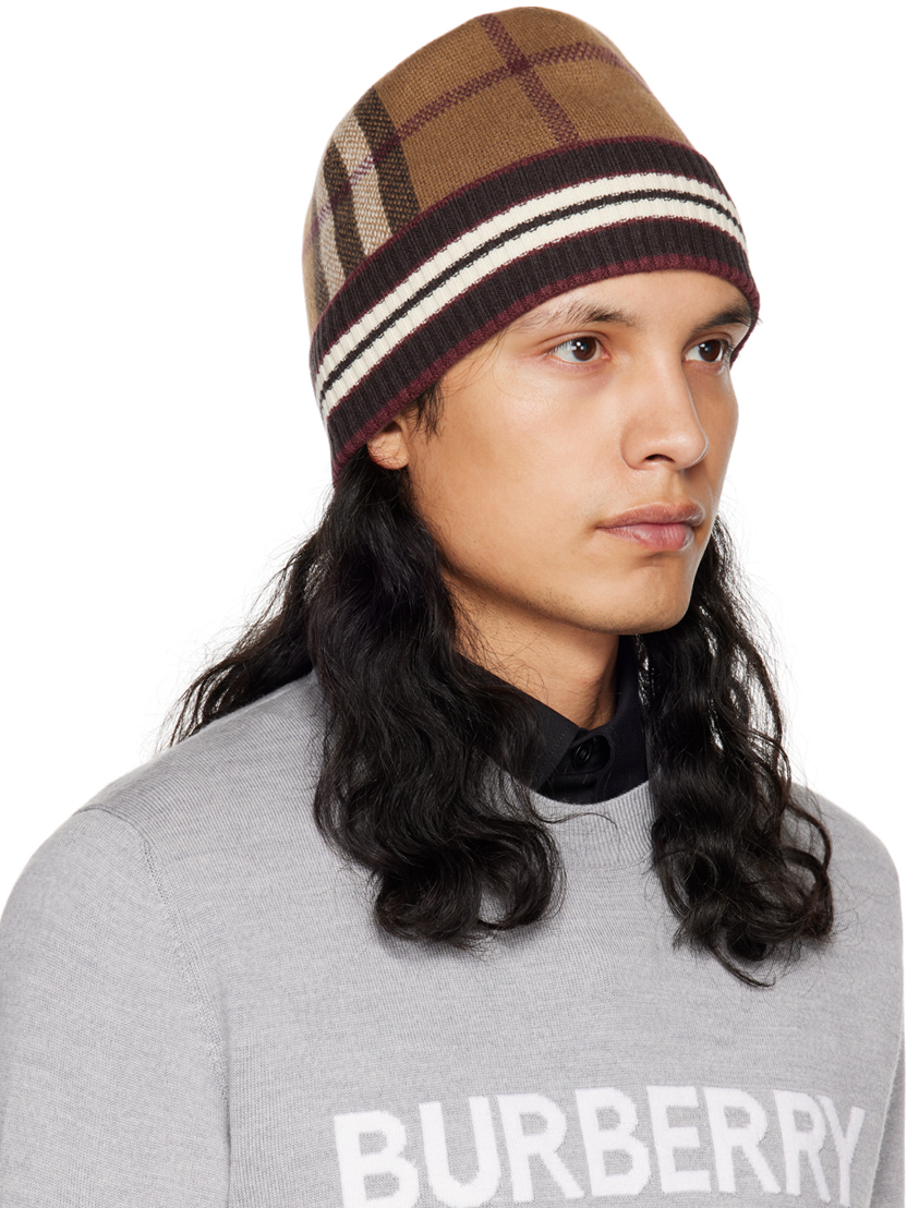 Burberry Brown Check & Stripe Beanie Burberry