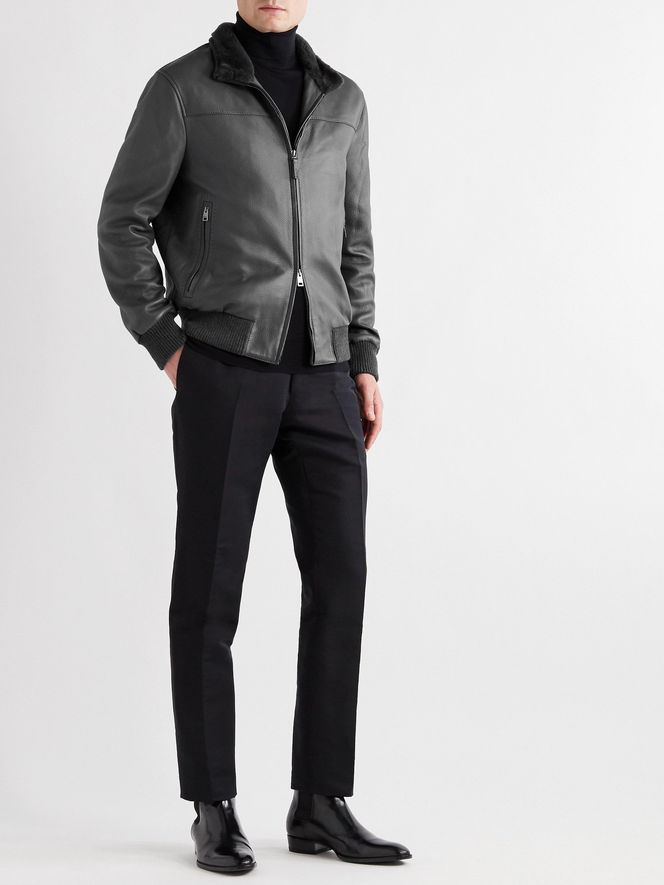 BRIONI - Shearling-Trimmed Full-Grain Leather Bomber Jacket - Gray Brioni