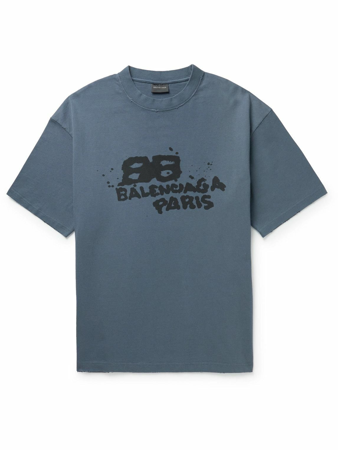 Balenciaga - Distressed Logo-Print Cotton-Jersey T-Shirt - Blue Balenciaga