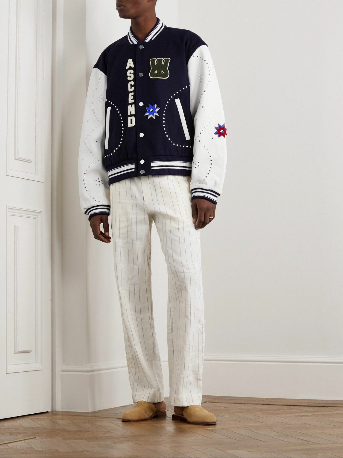 Wales Bonner - Appliquéd Studded Wool-Blend and Leather Varsity Jacket ...