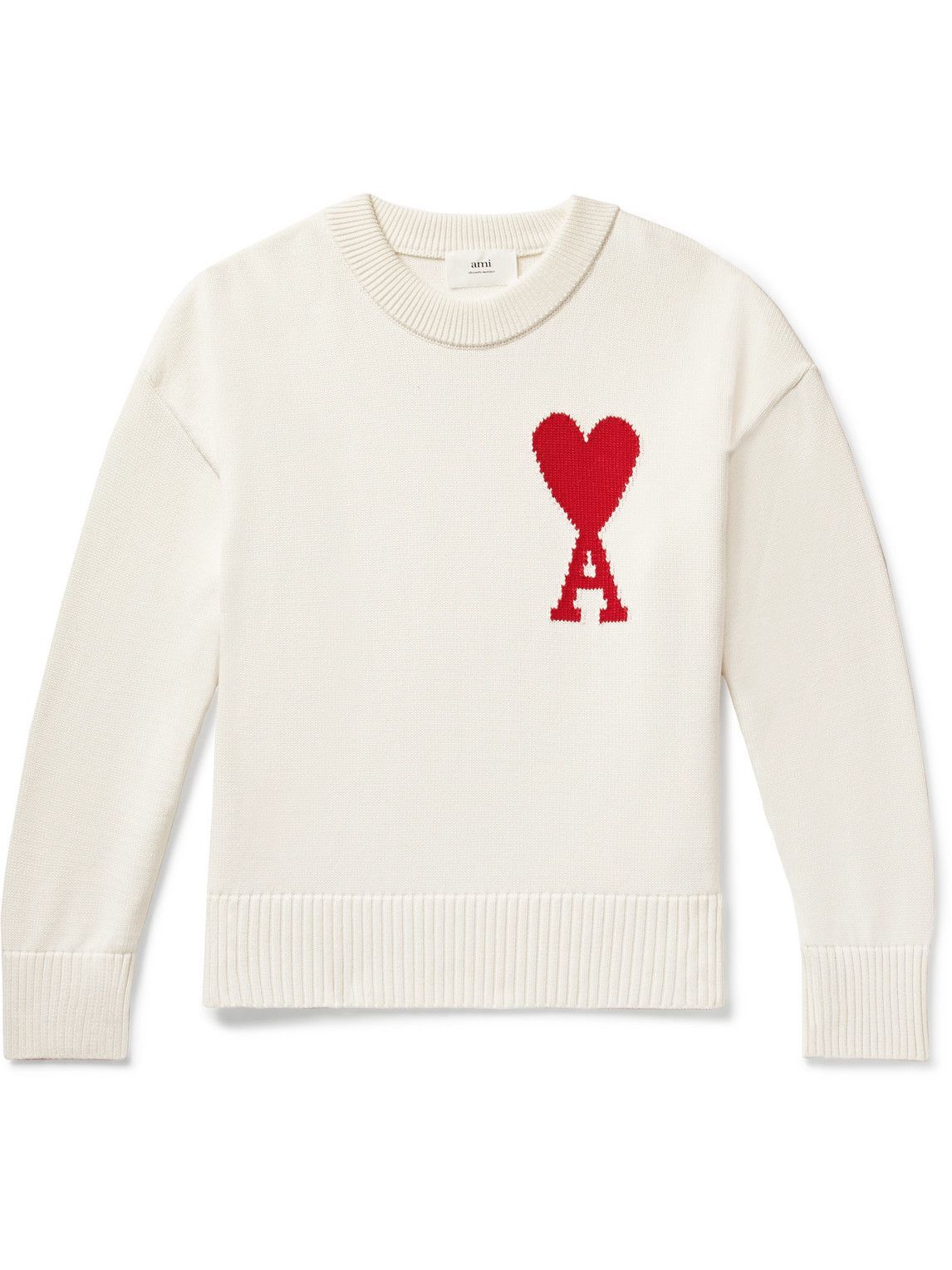 AMI PARIS - Logo-Intarsia Organic Cotton and Wool-Blend Sweater - White