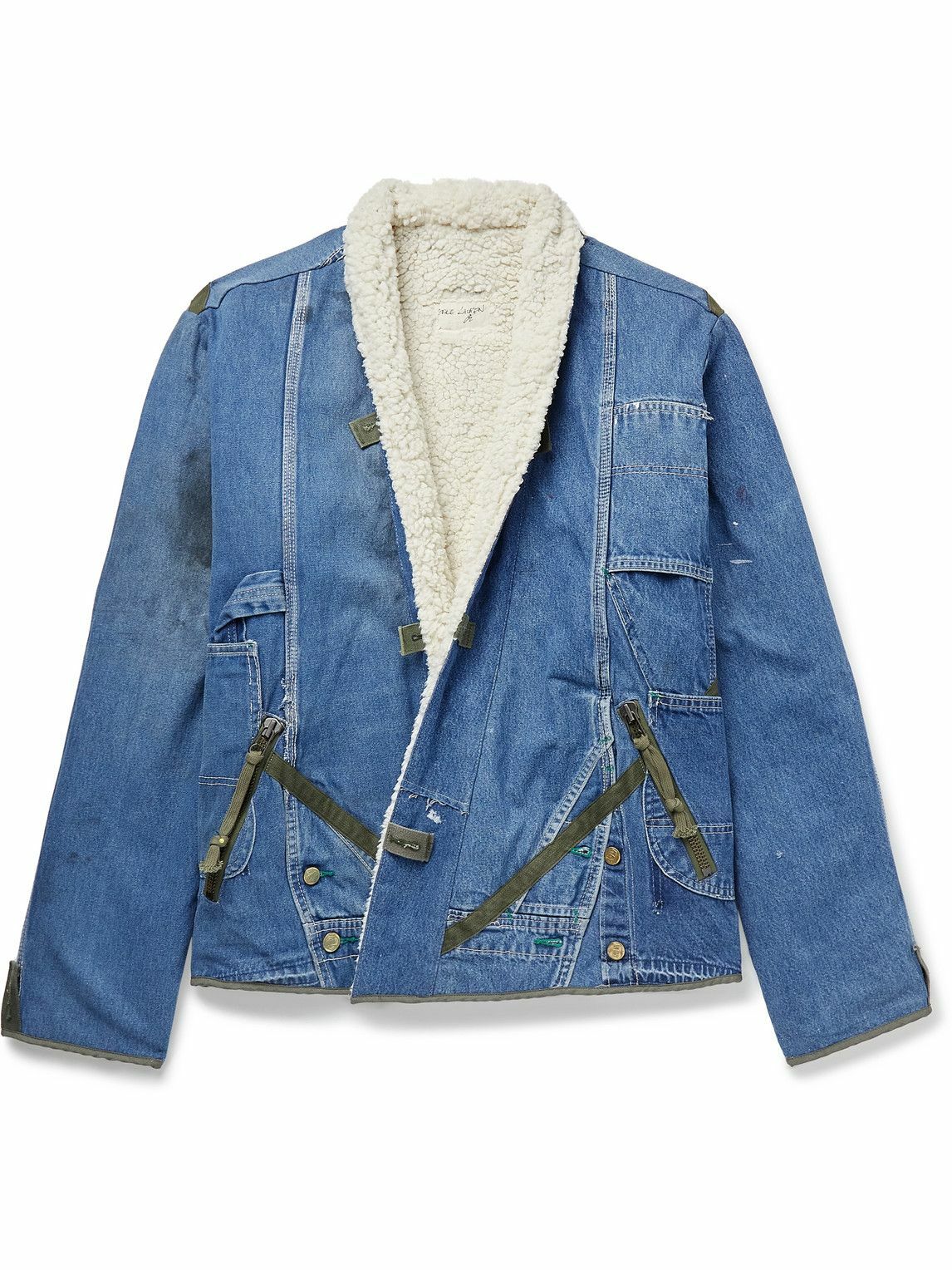 Greg Lauren - Shawl-Collar Fleece-Lined Distressed Denim Jacket - Blue ...