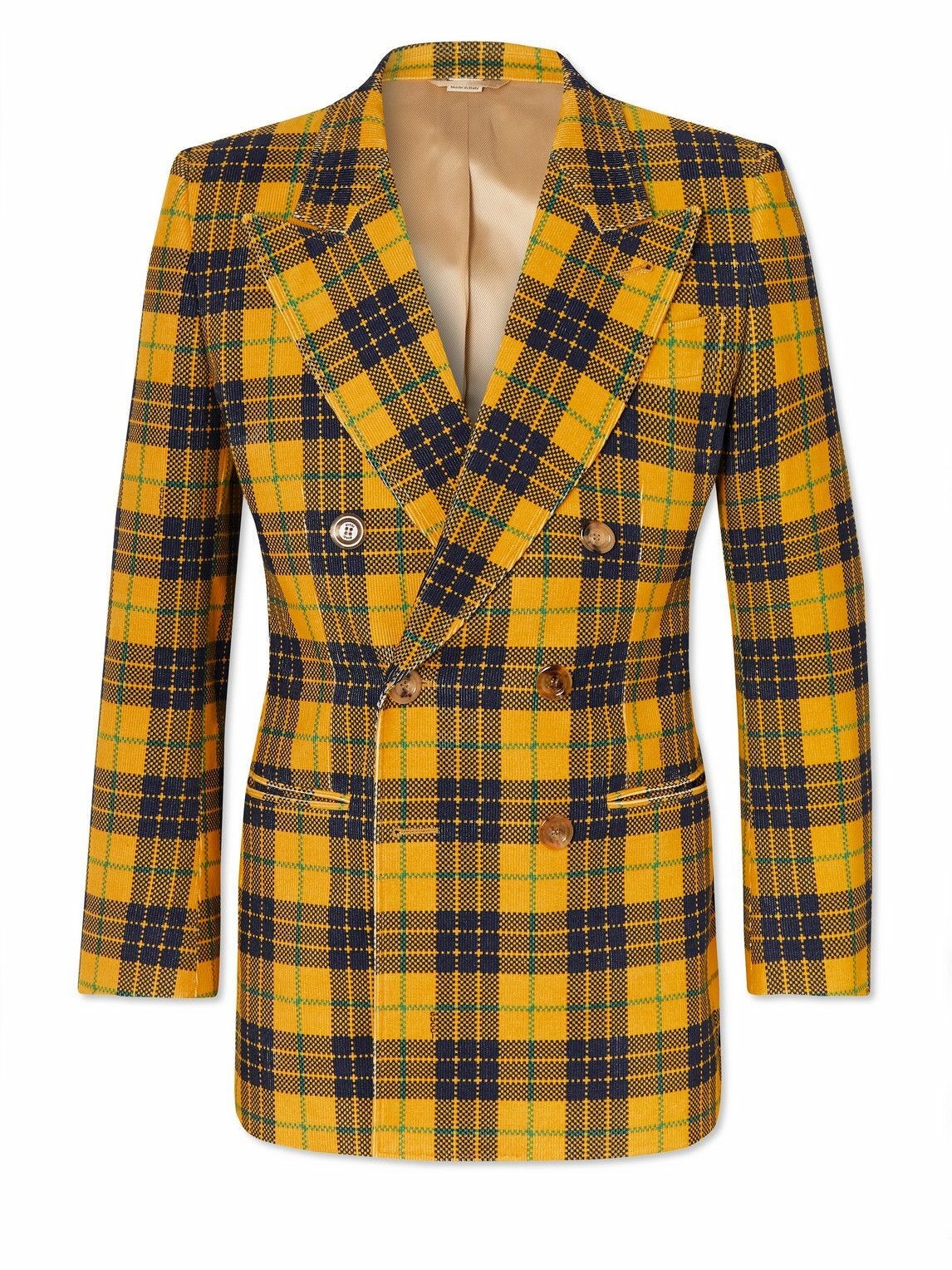 GUCCI - Double-Breasted Checked Cotton-Corduroy Blazer - Yellow Gucci