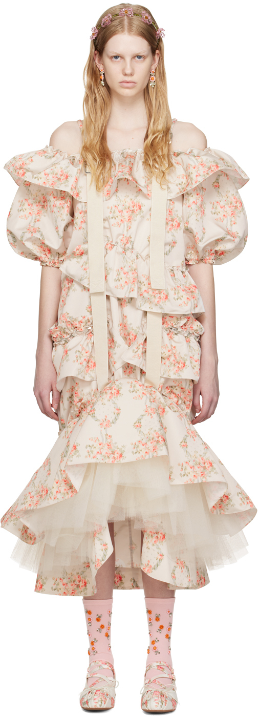Simone Rocha Beige Adjustable Length Tiered Midi Dress Simone Rocha