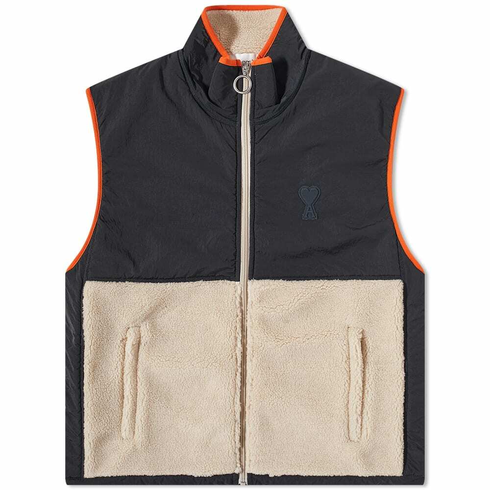 AMI Men's Heart Logo Sherpa Gillet in Off White/Black AMI