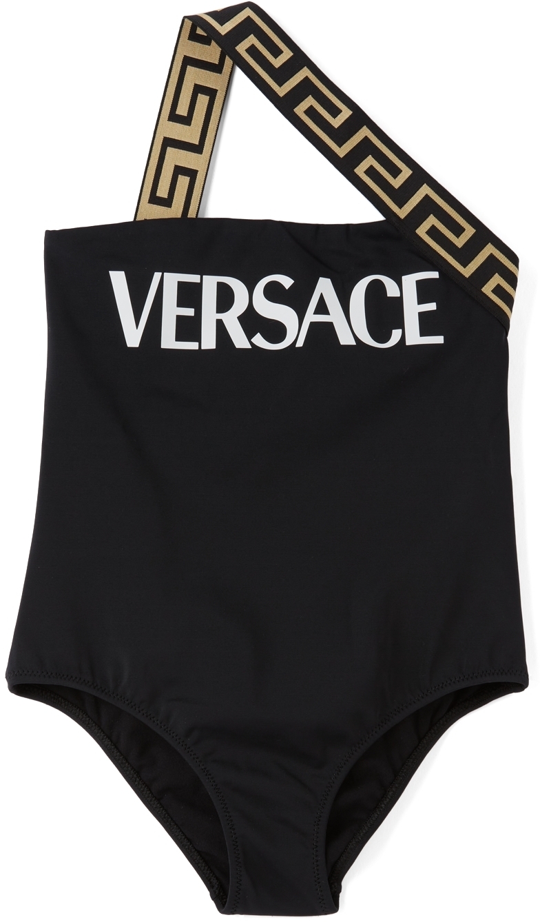 Versace Kids Black Asymmetric Logo One-Piece Swimsuit Versace