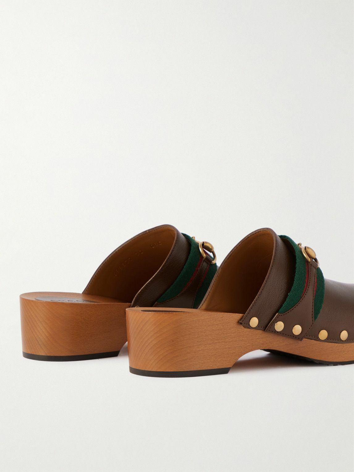 GUCCI - Horsebit Webbing-Trimmed Leather Clogs - Brown Gucci