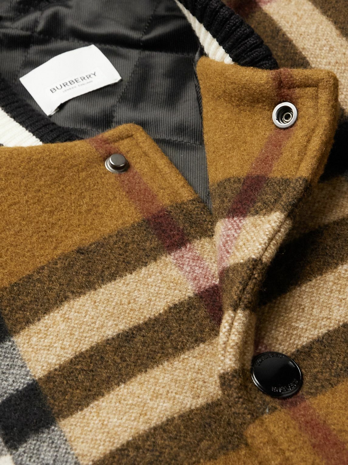 Burberry - Checked Wool-Blend and Full-Grain Leather Varsity Jacket ...