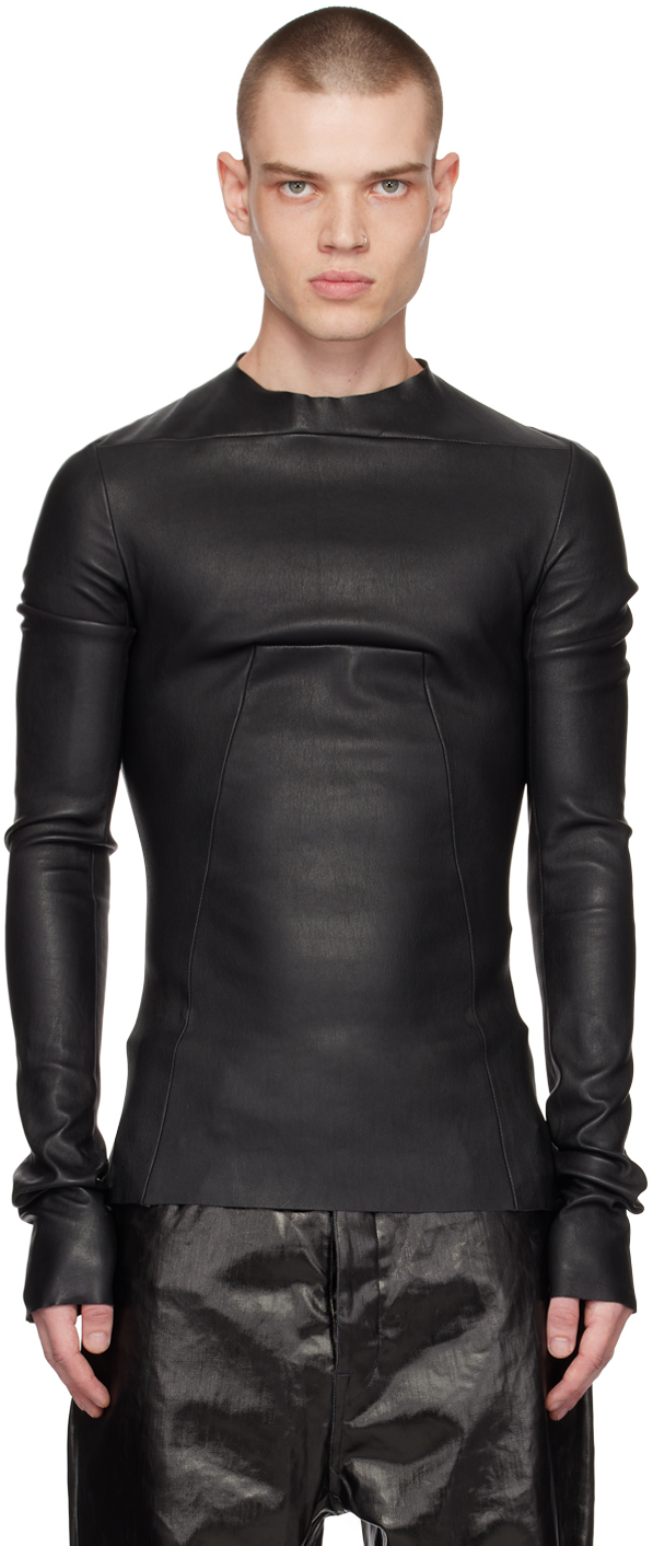Rick Owens Black Paneled Leather Long Sleeve T-Shirt Rick Owens