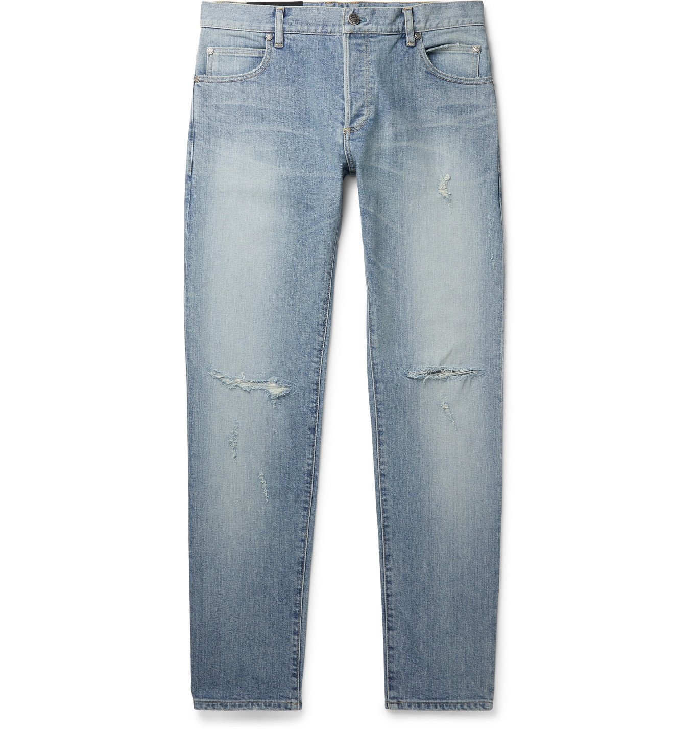 BALMAIN - Skinny-Fit Distressed Logo-Embroidered Denim Jeans - Blue Balmain