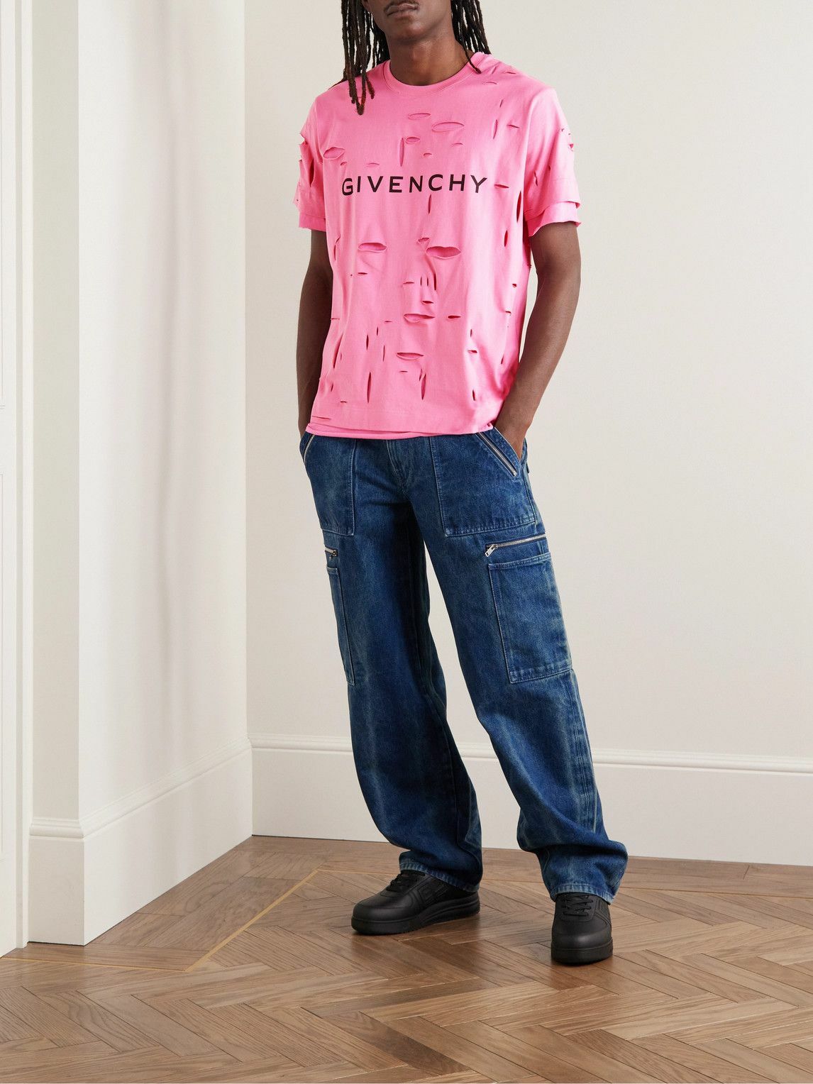 Givenchy - Layered Distressed Logo-Print Cotton-Jersey T-Shirt - Pink ...