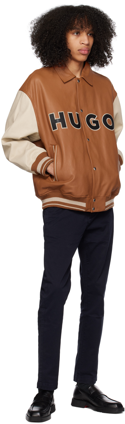 Hugo Orange & Beige Color-Blocked Varsity Leather Jacket Hugo Boss