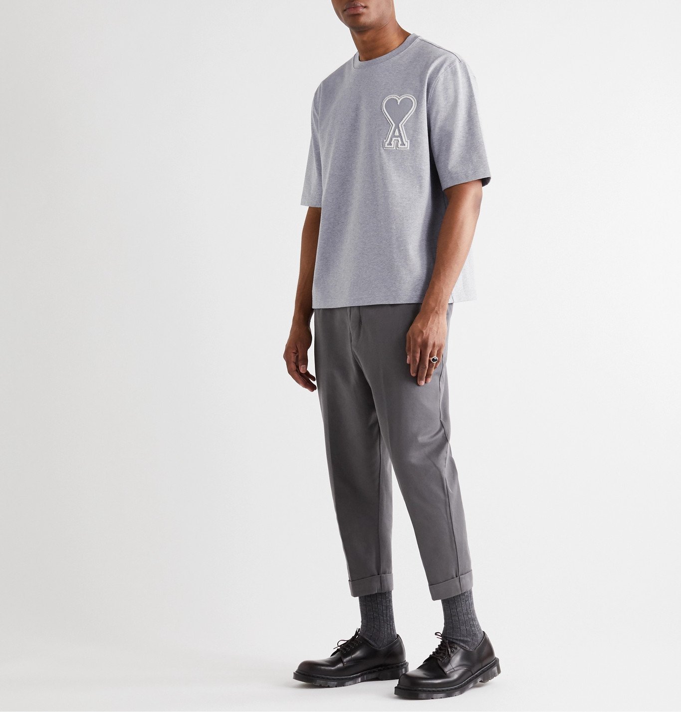 AMI - Logo-Appliquéd Cotton-Jersey T-Shirt - Gray AMI