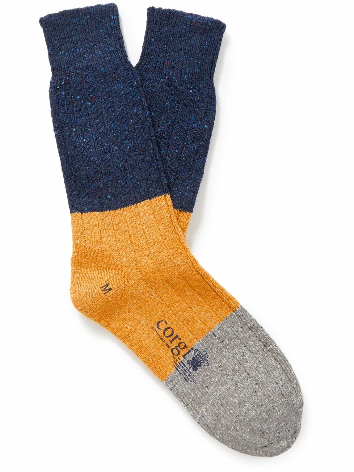 Corgi - Colour-Block Ribbed Merino Wool-Blend Socks - Blue Corgi