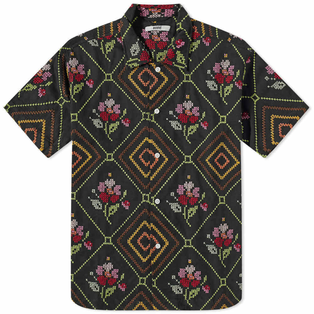 Bode Men's Needlepoint Begonia Short Sleeve Shirt in Black Multi Bode