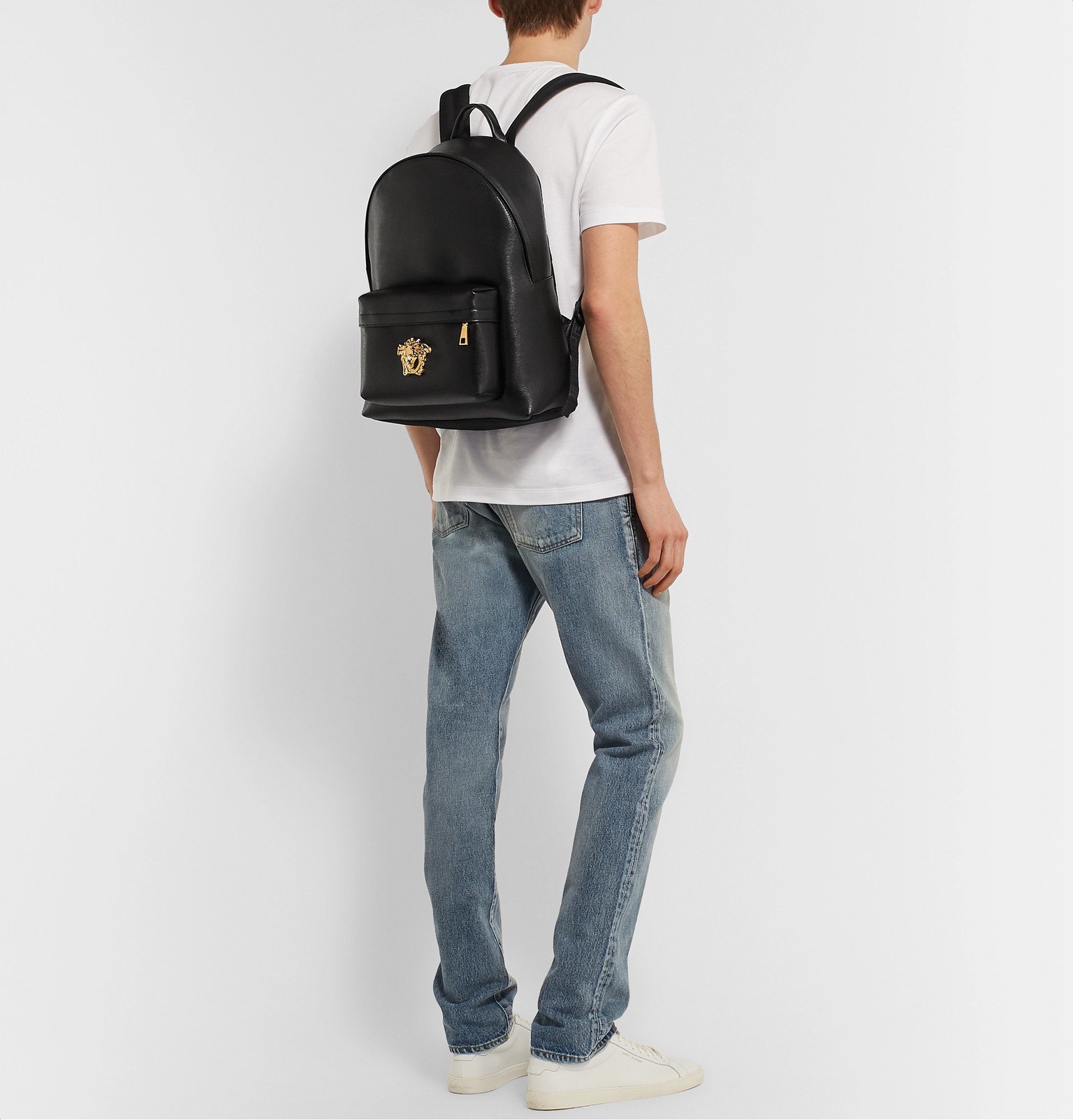 Versace - Logo-Embellished Full-Grain Leather Backpack - Black Versace