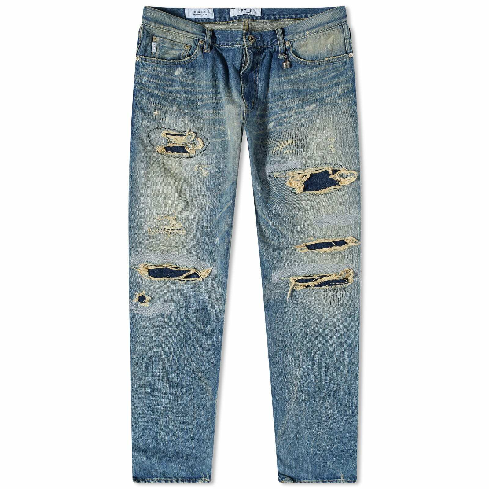FDMTL Men's Slim Fit Straight Denim Jean in Indigo Repair FDMTL