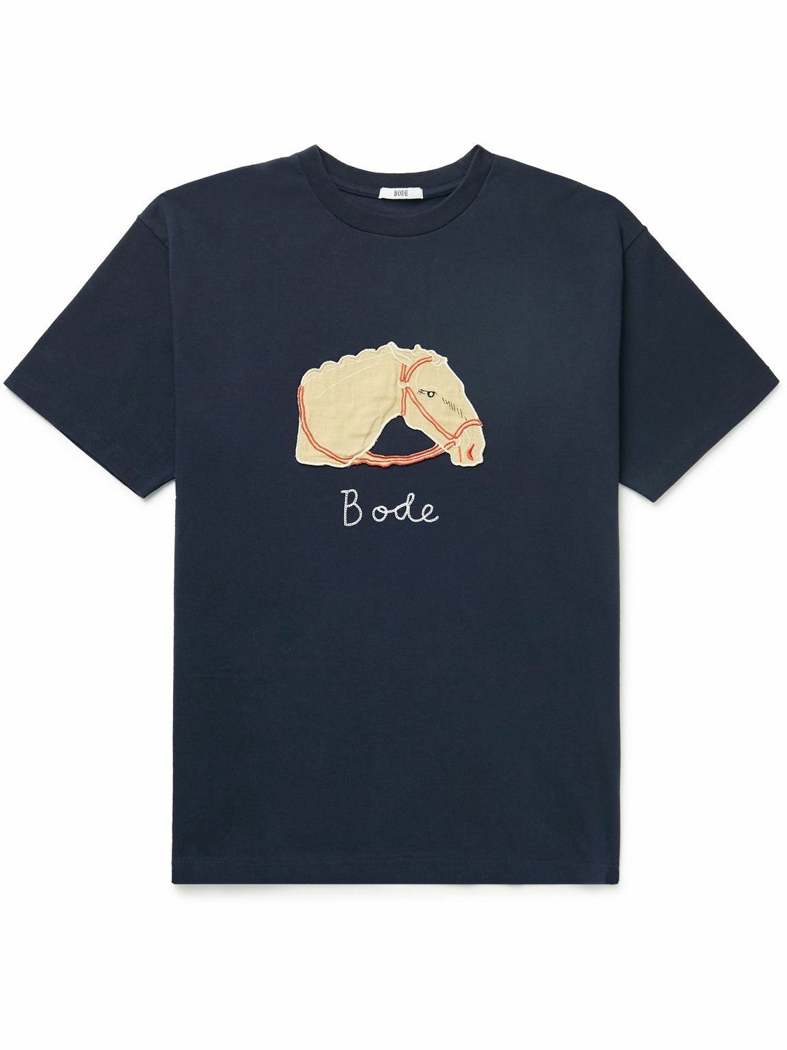 BODE - Logo-Embroidered Appliquéd Cotton-Jersey T-Shirt - Blue Bode