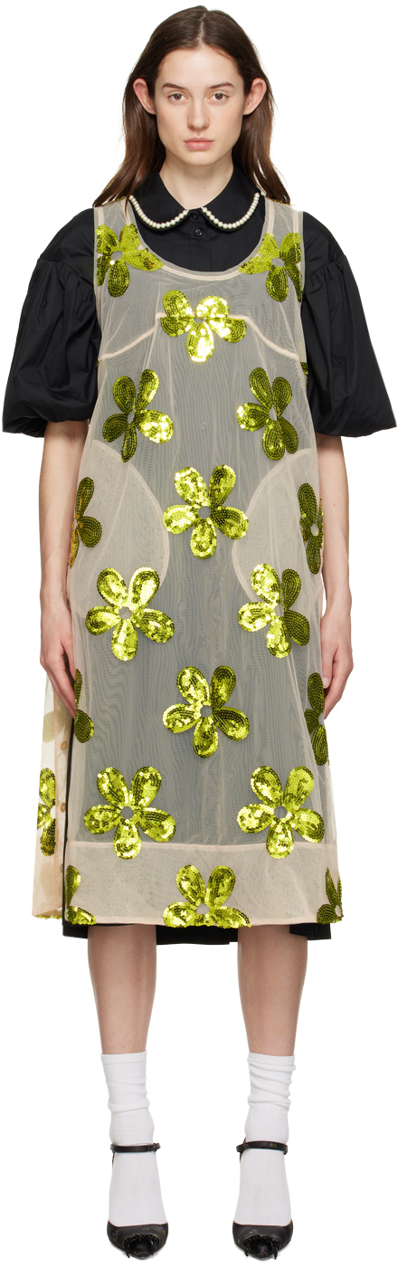 Simone Rocha Beige & Green Floral Midi Dress Simone Rocha