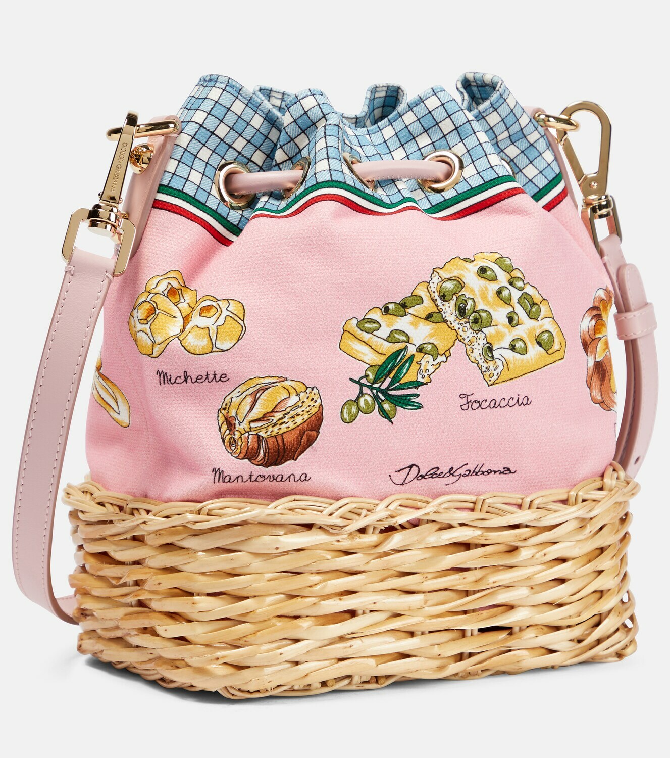 Dolce&Gabbana - Printed canvas and wicker bucket bag Dolce & Gabbana