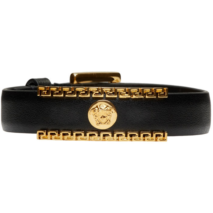 Versace Black and Gold Medusa Greek Key Leather Bracelet Versace